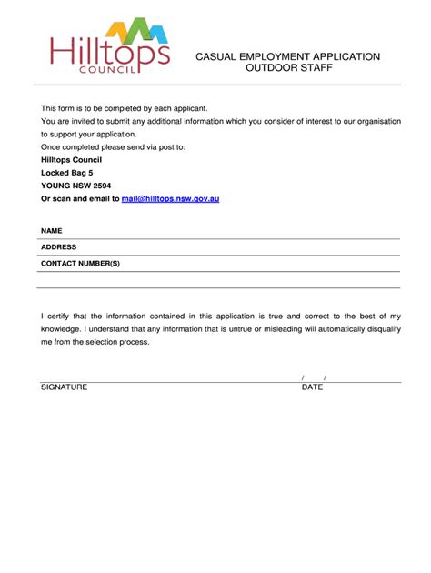 Casual Employment Application Form Outdoor Staff Hilltops Council