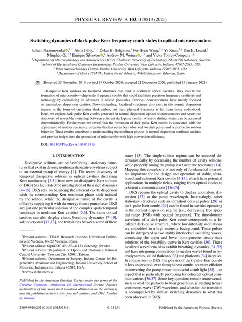 Pdf Switching Dynamics Of Dark Pulse Kerr Frequency Comb States In Optical Microresonators