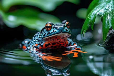 An Oriental Fire Bellied Toad In A Pond Detailed And Vibrant Natural Setting Stock Image