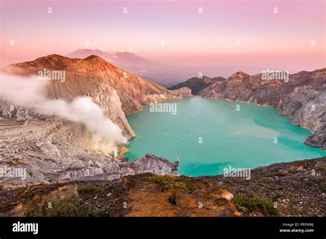 Kawah Ijen Volcano And Crater Lake At Sunrise Java Indonesia Stock