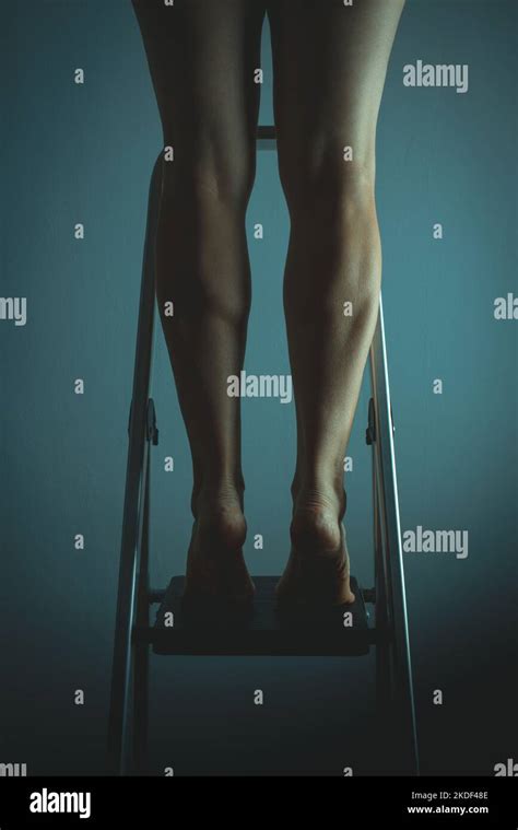Rear View Of A Woman Standing Barefoot On Tiptoe On A Ladder Stock