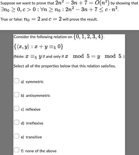 solved suppose we want to prove that 2n2−3n 7 o n2 by