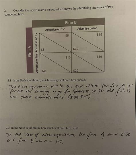 Solved Consider The Payoff Matrix Below Which Shows The