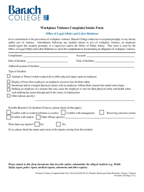 Fillable Online Workplace Violence Complaint Intake Form Fax Email