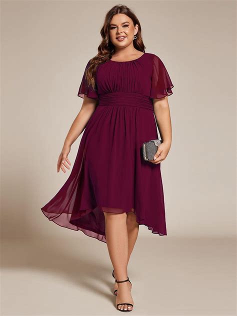 Elegant Plus Size Pleated Short Sleeves Chiffon Wedding Guest Dress
