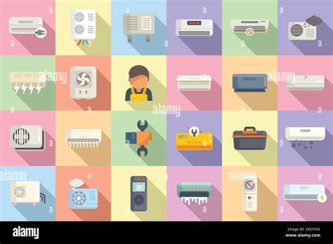 Repair Air Conditioner Icons Set Flat Vector Install Hvac Air Pump