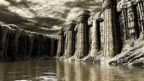 Ruins Of A Massive Concrete Structure Alongside A Still Reflective