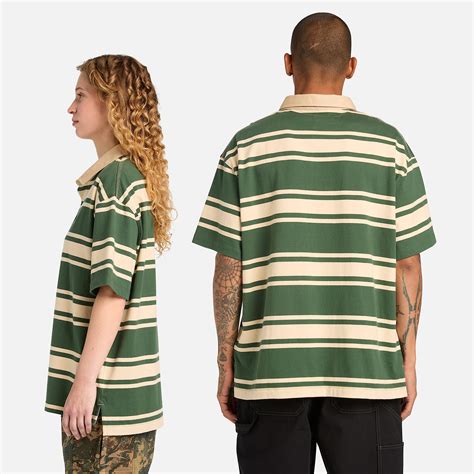 All Gender Striped Short Sleeve Rugby Polo In Dark Greenbeige