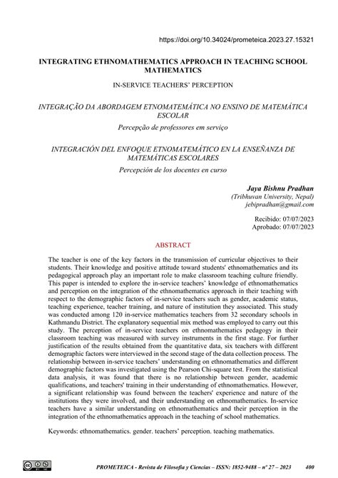 Pdf Integrating Ethnomathematics Approach In Teaching School Mathematics In Service Teachers