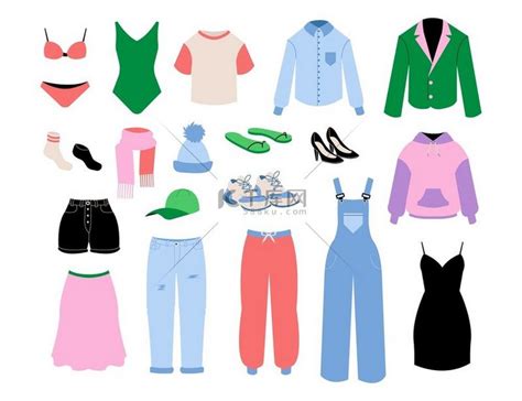女装卡通时尚女孩和成年女性季节性服装独立的裙子和衬衫明亮的裤子或鞋子休闲和商务服装内衣和配饰矢量服装套装女装卡通时尚女孩和成人季节背景图片免费