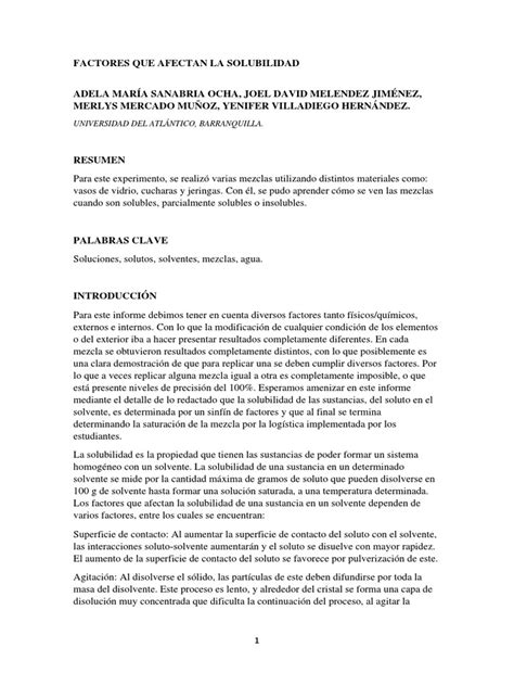Factores Que Afectan La Solubilidad Pdf Solubilidad Propiedades