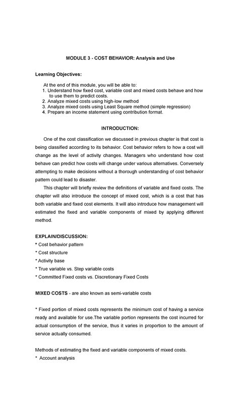 Module 3 Cost Behavior Analysis And Use Module 3 Cost Behavior