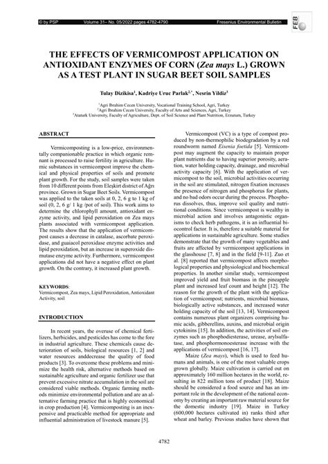 Pdf The Effects Of Vermicompost Application On Antioxidant Enzymes Of Corn Zea Mays L Grown