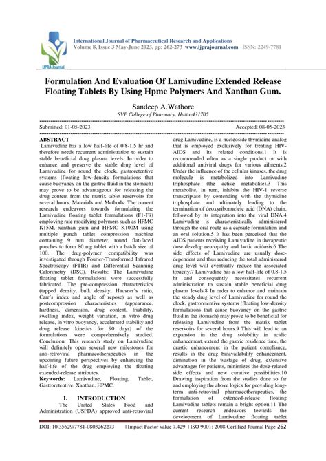 Pdf Formulation And Evaluation Of Lamivudine Extended Release Floating Tablets By Using Hpmc