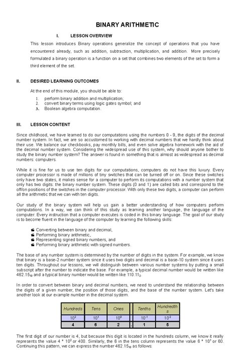 Binary Arithmetic Binary Arithmetic I Lesson Overview This Lesson