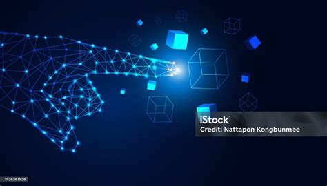 추상 프레임 손 디지털 현대 블루 미래 지향적 인 사각형 상자 디지털 개념 무선 통신 암호 해독 성 Defi 또는 블록 체인 개념에 대한 스톡 벡터 아트 및 기타 이미지