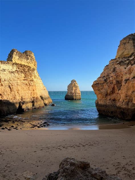 View With Amazing Rocks Big Sand Cliffs Algarve Coast Stock Image