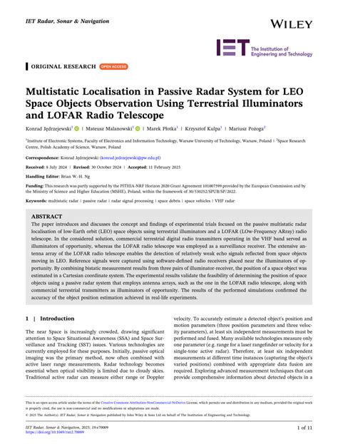 Pdf Multistatic Localisation In Passive Radar System For Leo Space Objects Observation Using