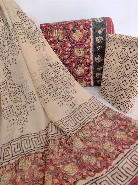 Kalamkari Hand Block Printed Cotton Suit With Pure Chiffon Dupatta
