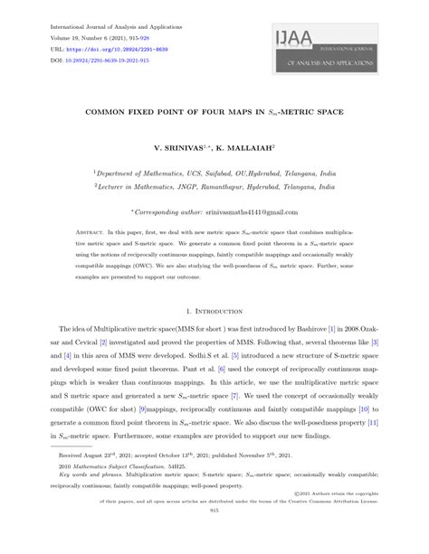 pdf common fixed point of four maps in sm metric space