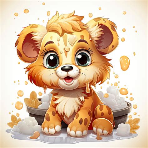 Premium Ai Image Adorable Illustrated Lion Cub Taking A Bubbly Bath