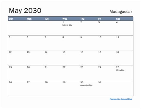 May 2030 Monthly Calendar With Madagascar Holidays