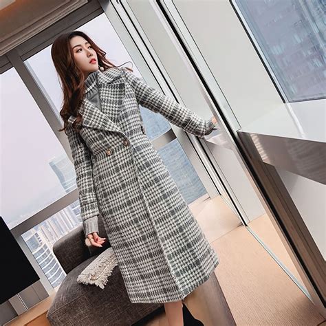 겨울 2020 새로운 Houndstooth 모직 코트 길고 느슨한 긴 두꺼운 모직 코트 세련되고 캐주얼 옷깃 분위기 우아한울 And 블렌드 Aliexpress