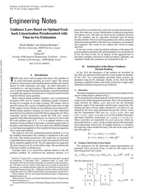 Pdf Guidance Laws Based On Optimal Feedback Linearization Pseudocontrol With Time To Go