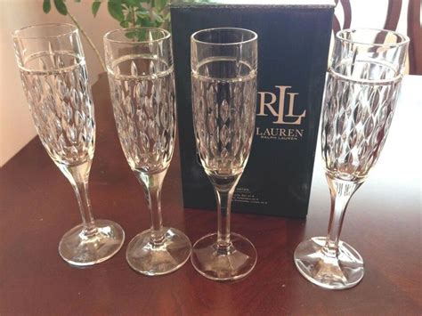 Set Of 4 Ralph Lauren Aston Crystal Champagne Wine Glasses Flutes New