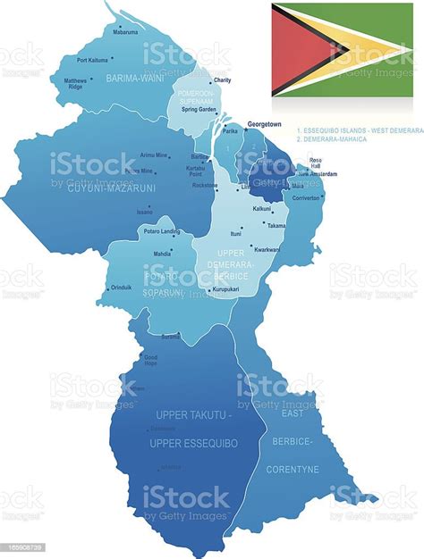 Map Of Guyana States Cities And Flag Stock Illustration Download