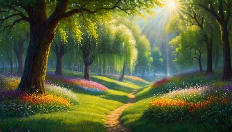 Ai Generated Illustration Of A Scenic Path Through Trees To A Grassy