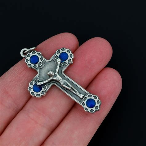Crucifix Cross With Blue Enamel Flower Details 1 11 16 Long Small