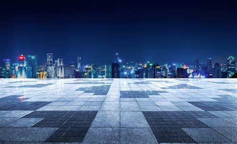 Premium Photo Rooftop Empty Tiles Floor With City Skyline