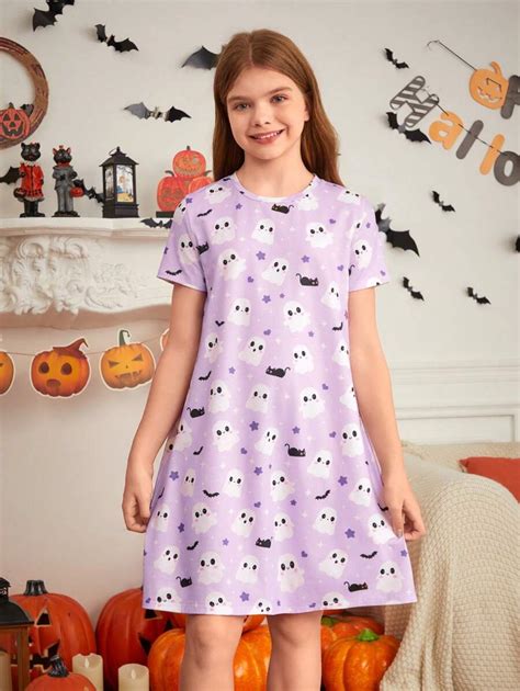 Shein Tween Girl Cute Cartoon Print Short Sleeve Halloween Theme Flame