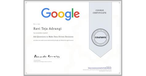 Completion Certificate For Ask Questions To Make Data Driven Decisions