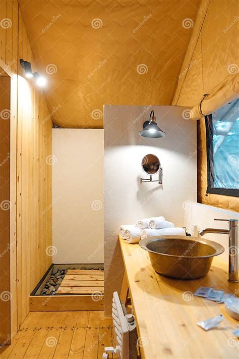 Bathroom Interior In Glamping Shower And Toilet In The Campsite Stock