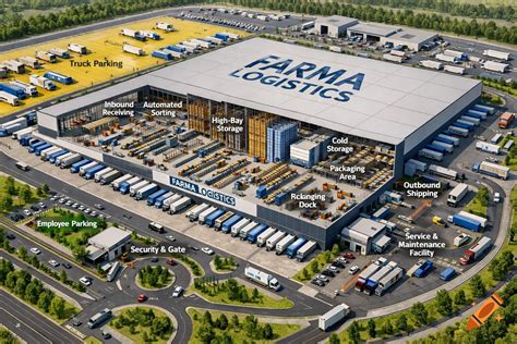 Aerial View Of A Large Modern Farma Logistics Distribution Center With