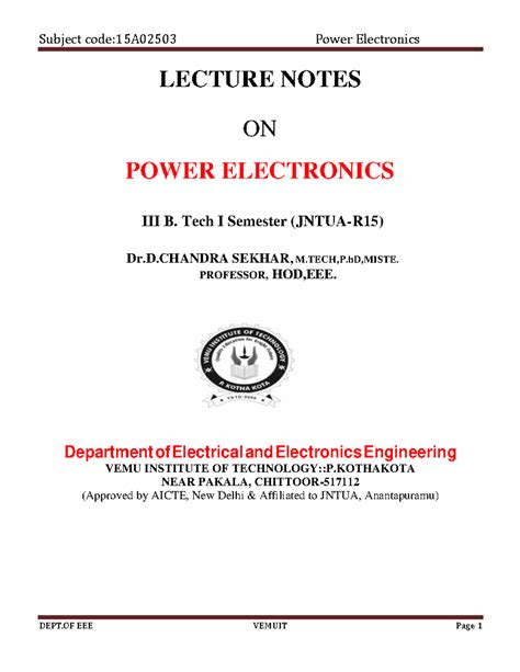 Power Electronics Lecture Note Lecture Notes On Power Electronics Iii