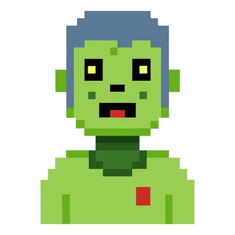 Pixel Art Zombie Character In Green With Blue Hair On White Background