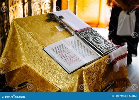 Sacred Lectern In The Church Decorated With Golden Friezes And