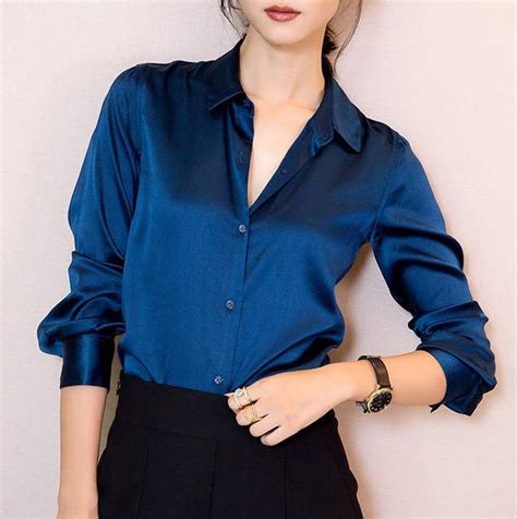 57 7€ S Xxxl Moda Mujeres Oscuro Azul Del Satén De Seda Blusa Para