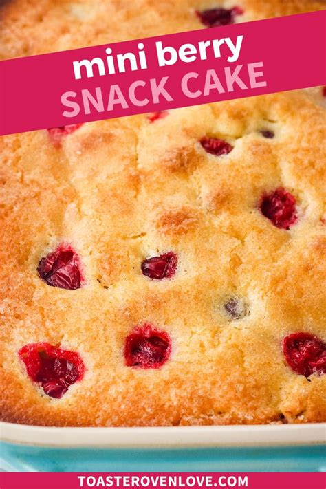 A Close Up Of A Cake In A Pan With The Words Mini Berry Snack Cake