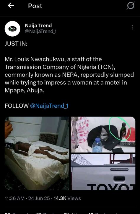 Nepa Official Slumps In Hotel After Taking Sex Boosting Drugs Nigeria