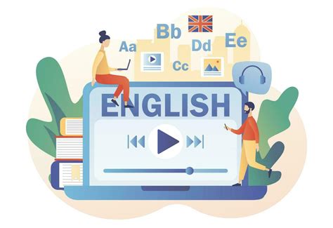 Tiny People Learning English With Laptop And Books Language Courses Or