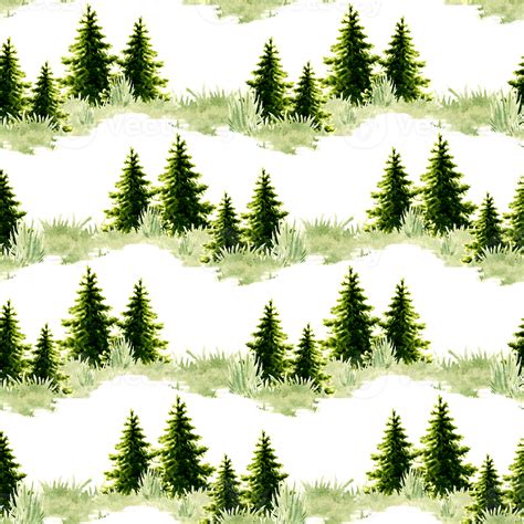Watercolor Illustration Pattern Element Of Natural Landscape Wildlife Forest Scene With Green