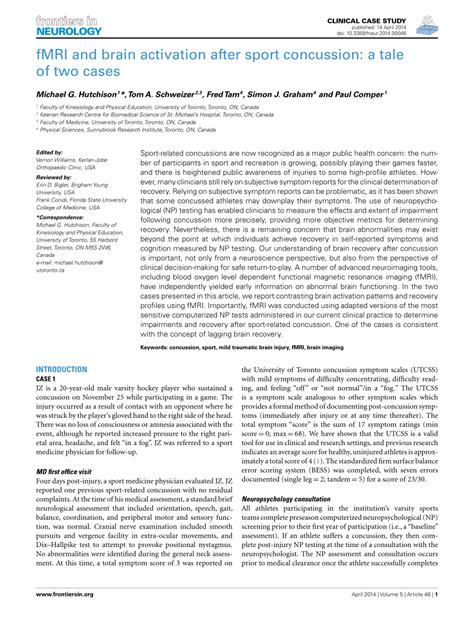 Pdf Fmri And Brain Activation After Sport Concussion A Tale Of Two Cases