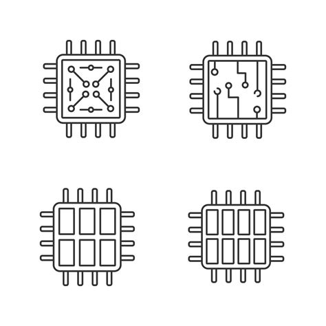 Processors Linear Icons Set Chip Microprocessor Integrated Unit Six