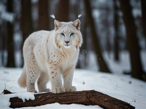 Majestic White Lynx Standing On Snow Covered Log In Winter Forest Stock