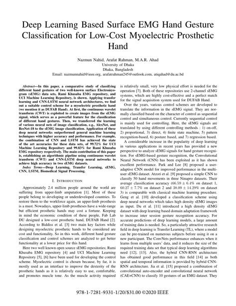 Pdf Deep Learning Based Surface Emg Hand Gesture Classification For Low Cost Myoelectric