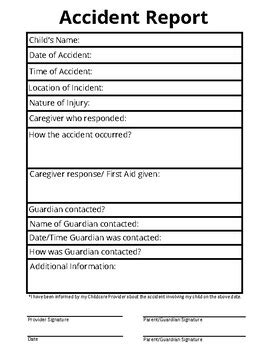 Daycare Forms Accident Report By Isabel Faith Tpt